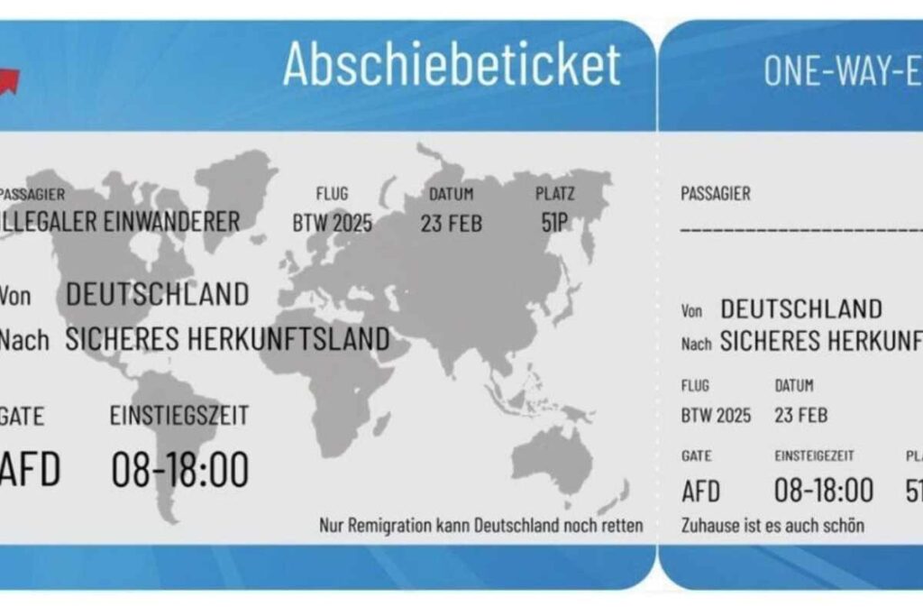 Un biglietto aereo di sola andata per i migranti, il volantino elettorale del partito di estrema ...